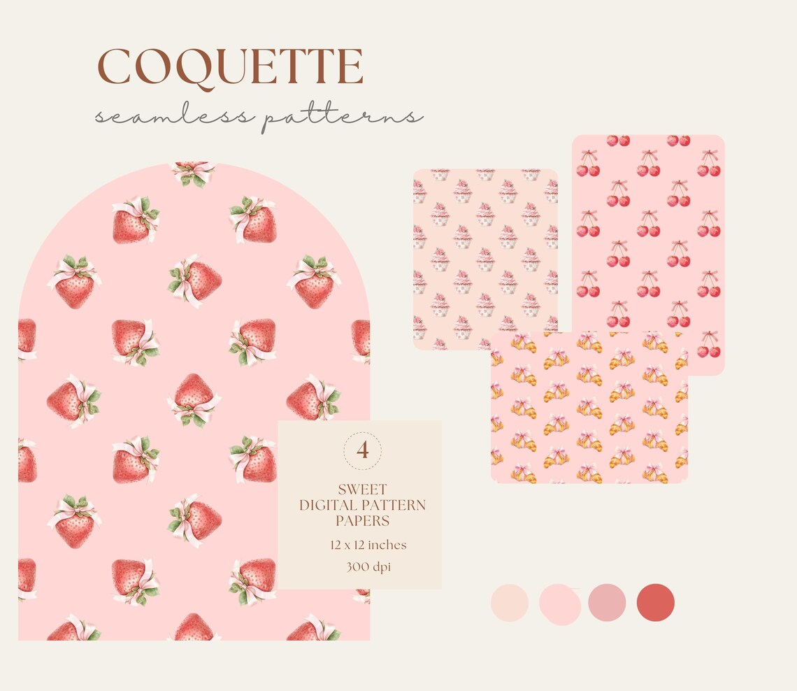 Coquette Seamless Patterns: Pink Bows, Cherries, Strawberries (digital ...