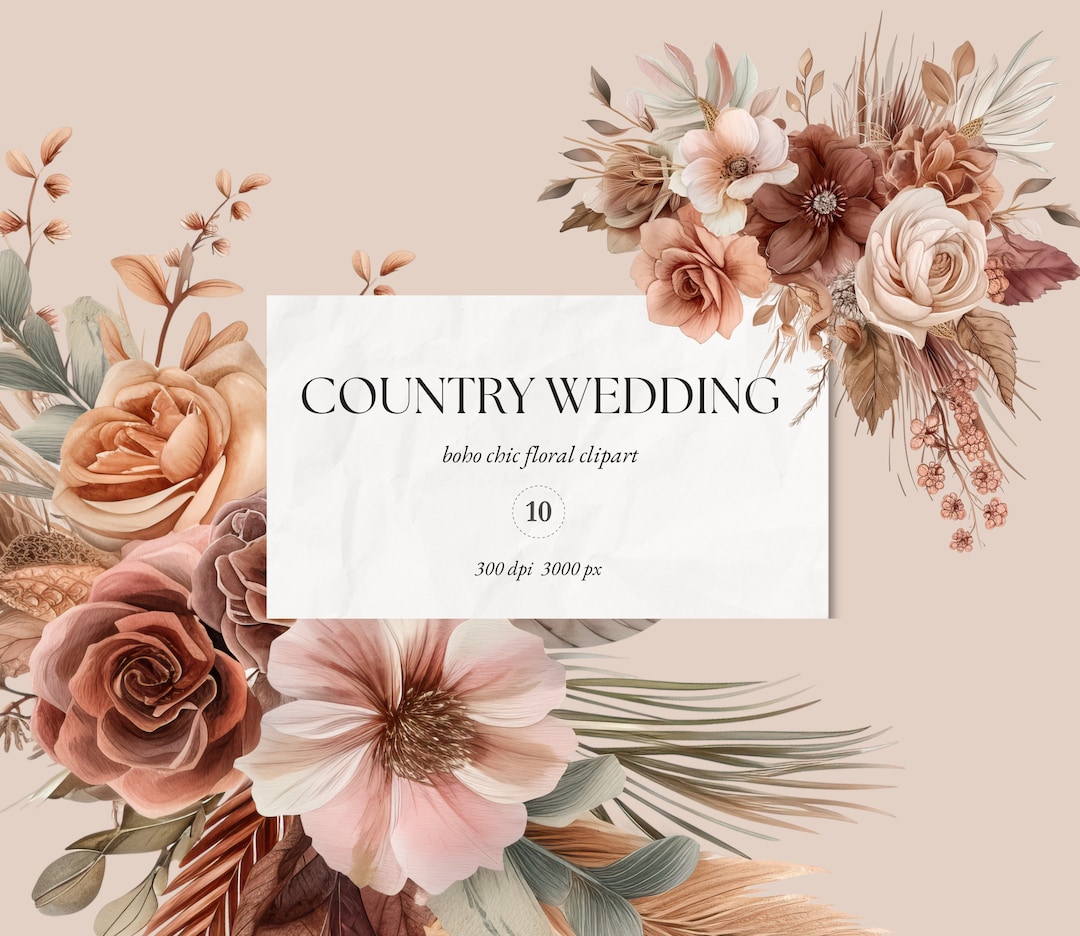 Boho Rustic Country Flowers Clipart Dried Floral Bouquets Wedding ...