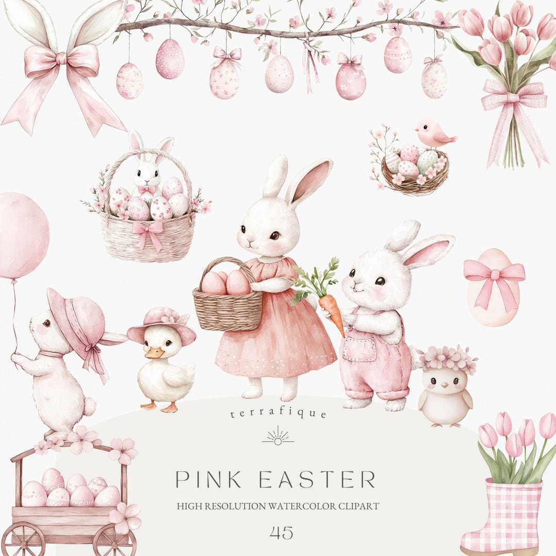 Pink Easter Clipart Cute Bunnies Coquette Watercolor Spring Easter Eggs ...