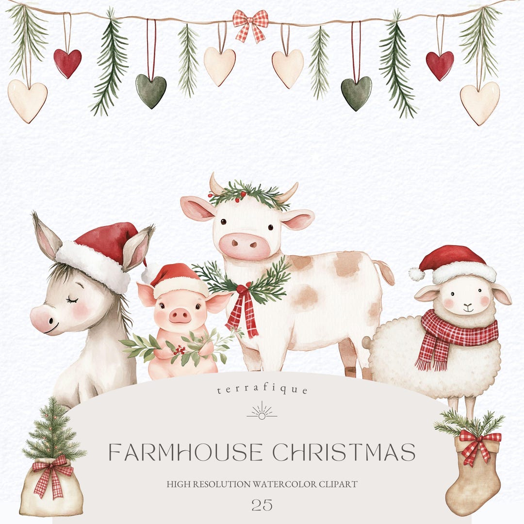 Christmas Farm Animal Clipart: Rustic Holiday Bundle (commercial Use ...