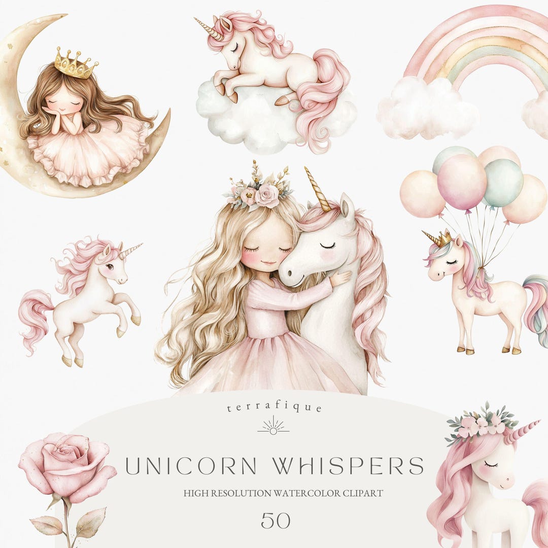 Princess & Unicorn Clipart: Pink Gold Fantasy Graphics (PNG) - Etsy