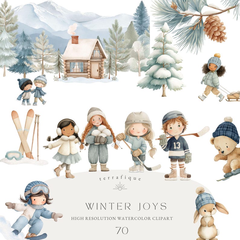 Winter Sports Clipart: Watercolor Kids & Animals (digital Download) - Etsy