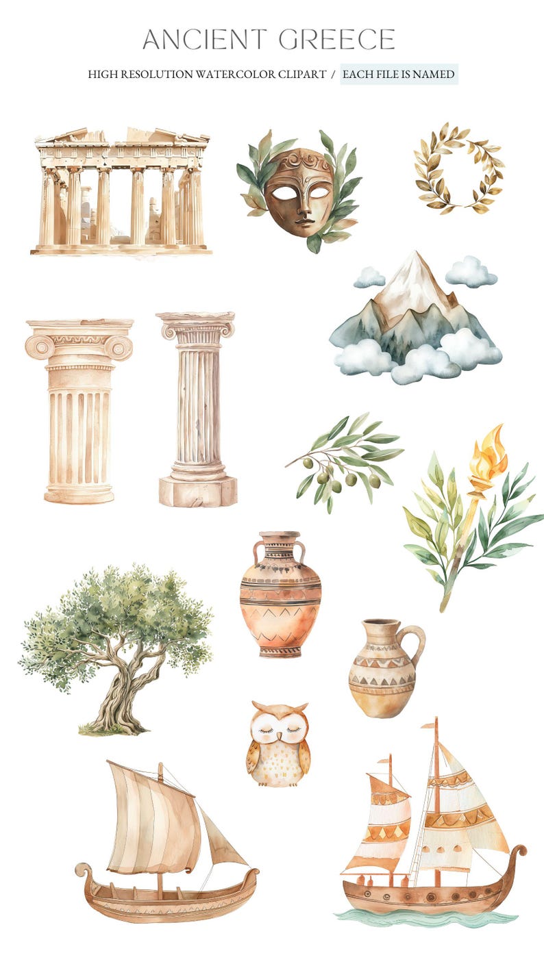 Greek Mythology Clipart Ancient Greece Cute Watercolor Whimsical Kids ...