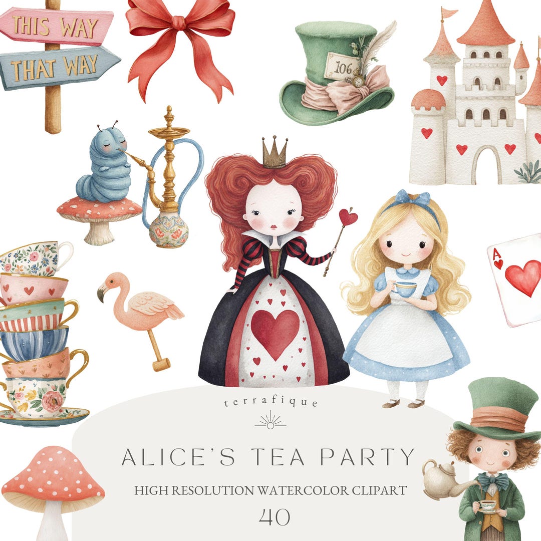 Alice in Wonderland Clipart: Watercolor Tea Party PNG (commercial Use ...