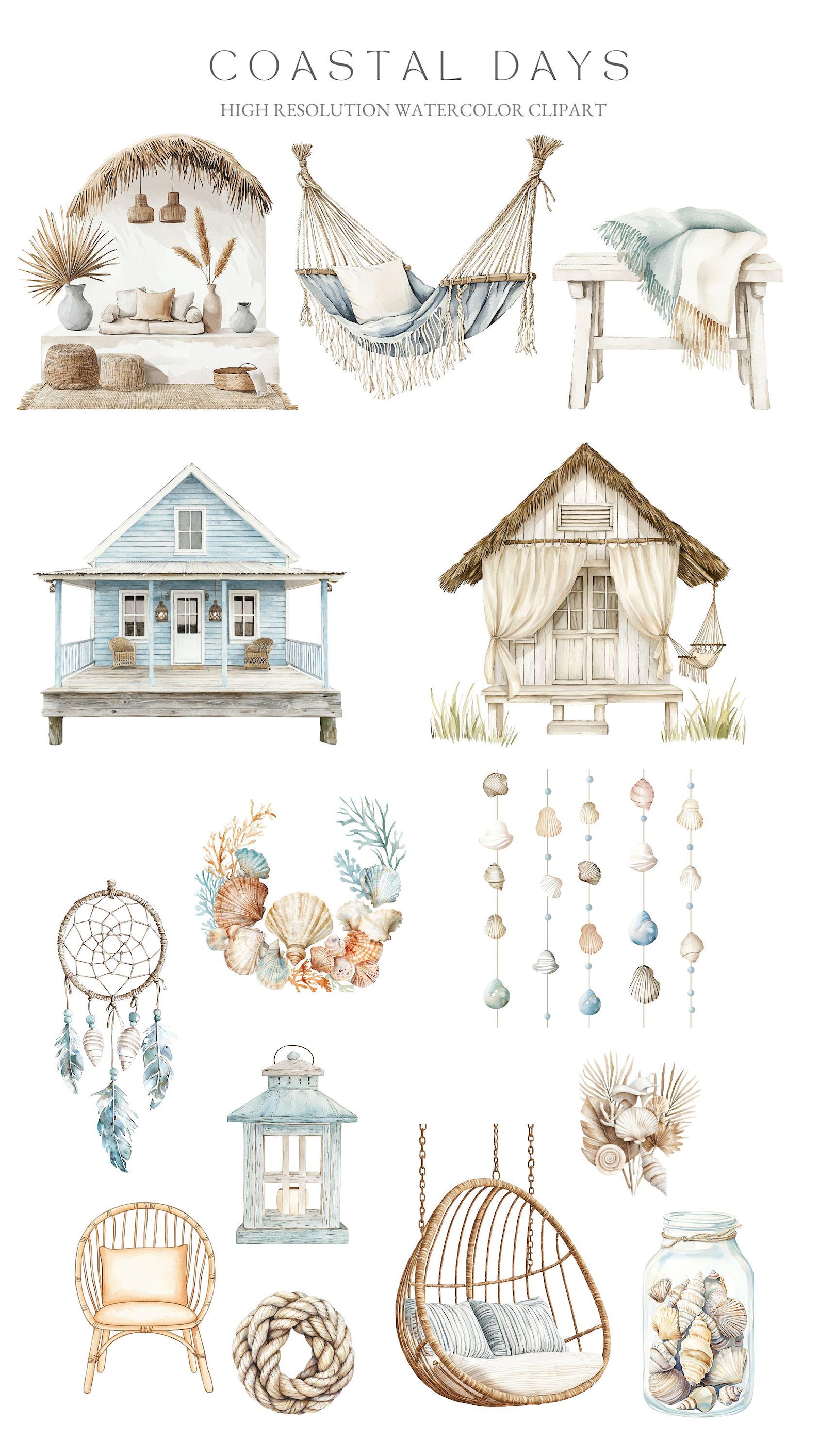 Boho Beach Clipart: Coastal Kids, Seashells, Summer (digital Download ...