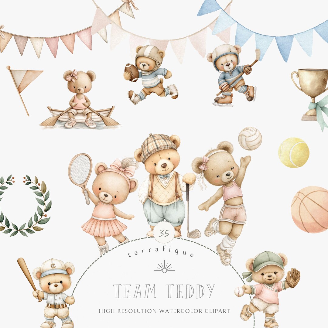 Teddy Bear Sports, Vintage Retro Athletes Nursery Graphics Commercial ...