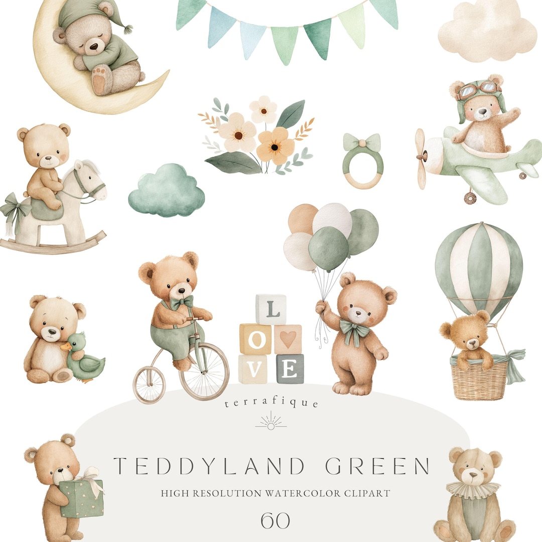Sage Green Teddy Bear Clipart Set: Nursery & Baby Shower Graphics (PNG ...