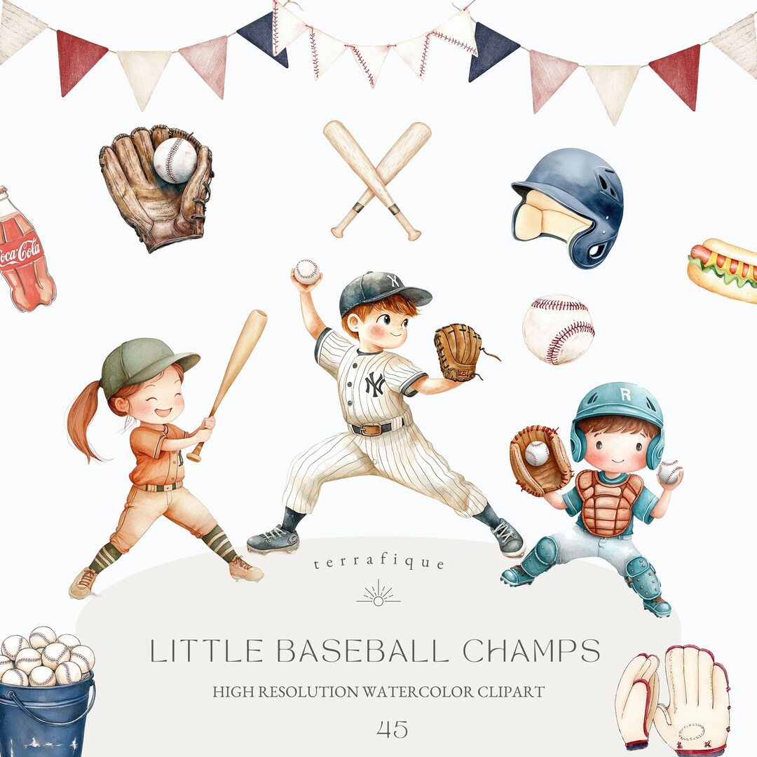Baseball Clipart Cute Watercolor Whimsical Kids Players Baseball Bat ...