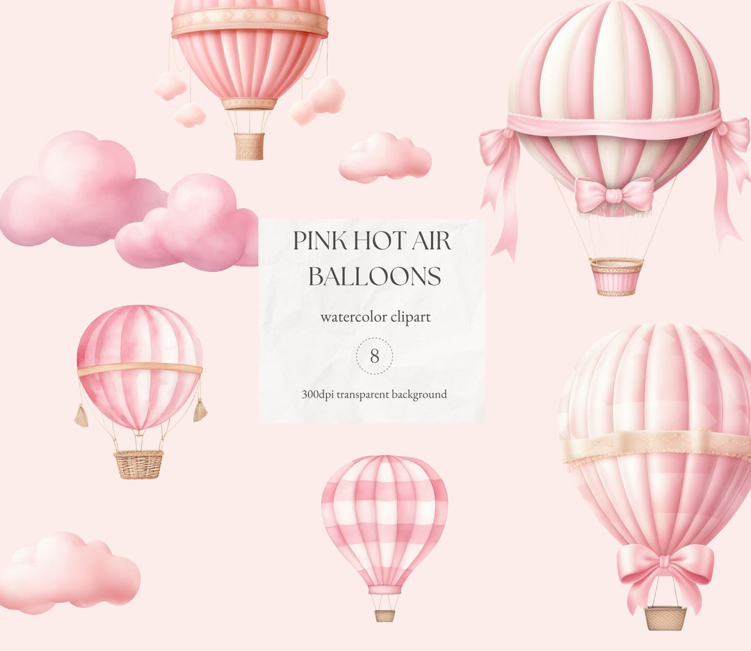 Pink Hot Air Balloons Clipart Watercolor PNG Elements for Nursery Art ...