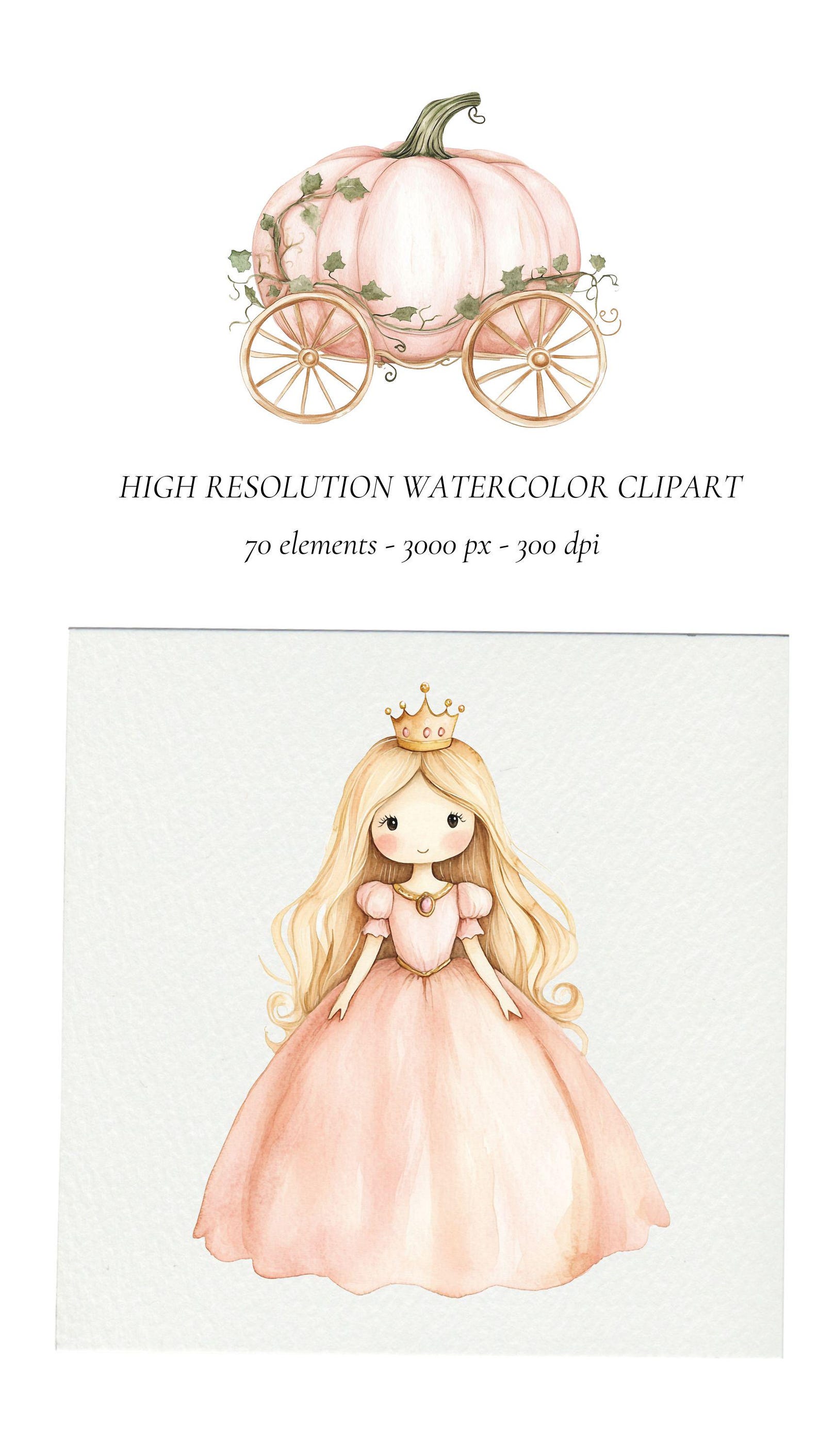 Fairytale Watercolor Clipart: Princess, Dragon, Castle (PNG Digital ...