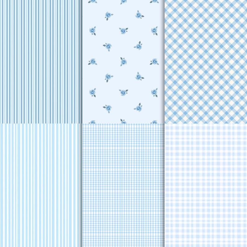 Blue Gingham & Rose Seamless Patterns: Cottagecore Digital Paper ...