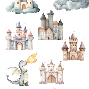 Fairytale Watercolor Clipart: Princess, Dragon, Castle (PNG Digital ...