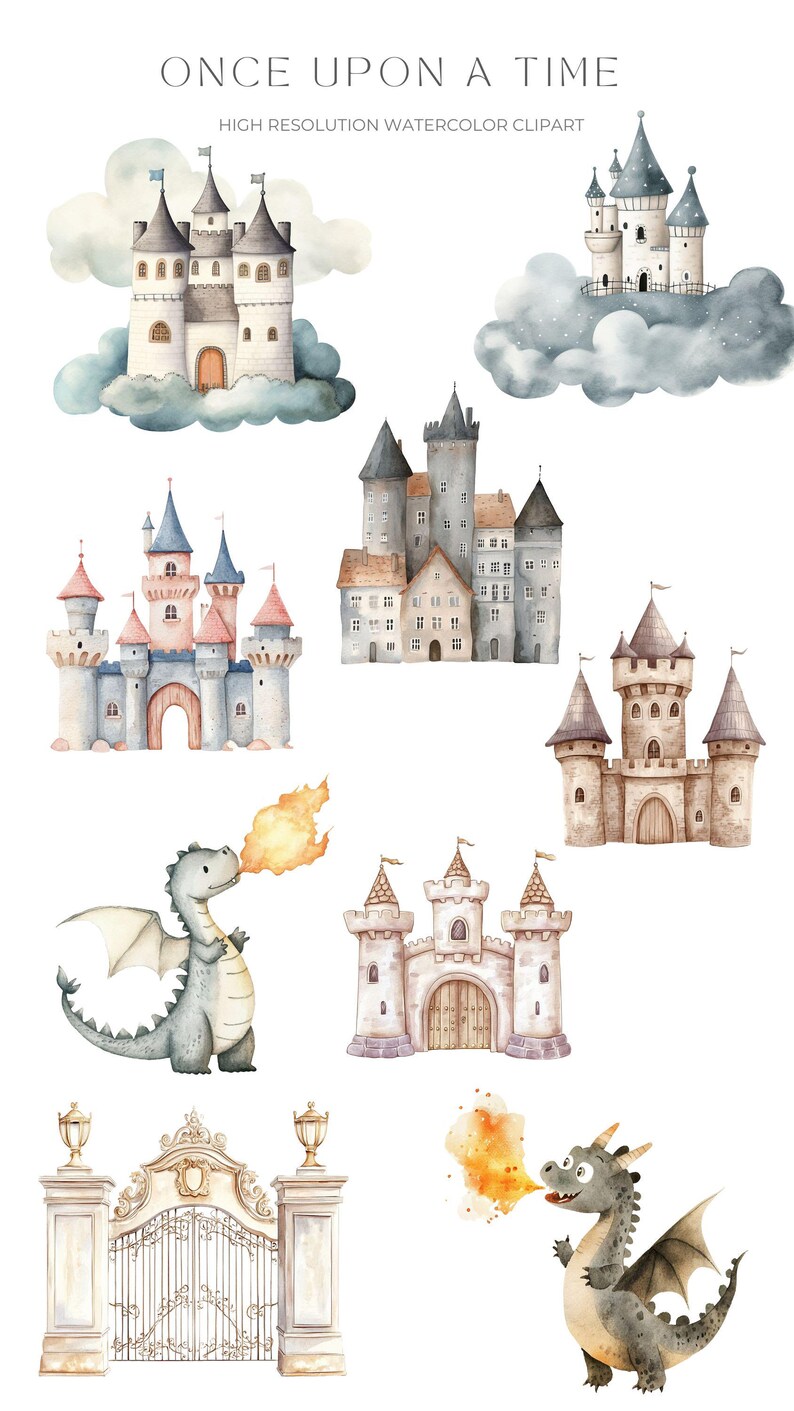 Fairytale Watercolor Clipart: Princess, Dragon, Castle (PNG Digital ...