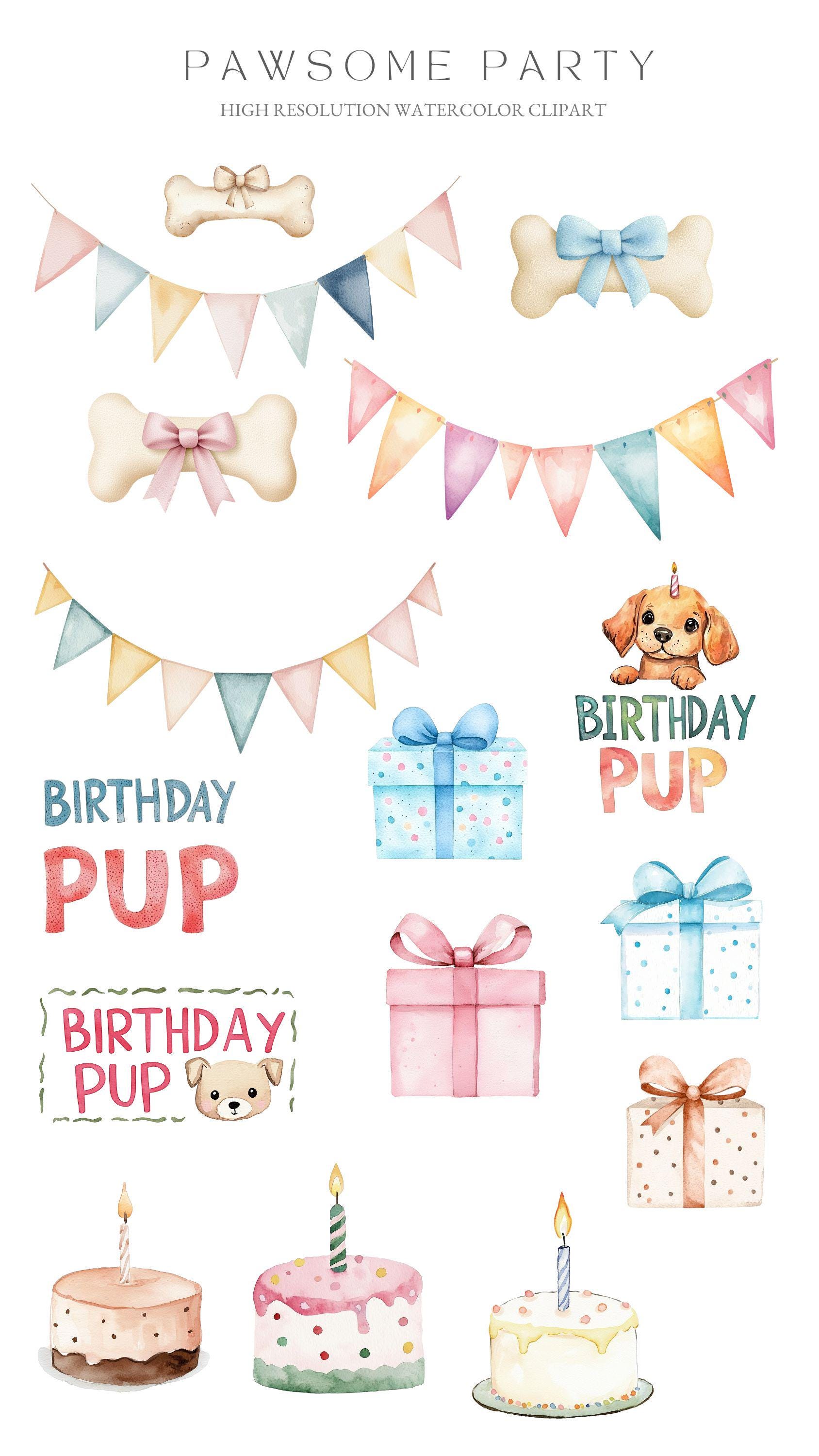 Watercolor Dog Breeds Clipart: Birthday Party PNG Bundle (commercial ...