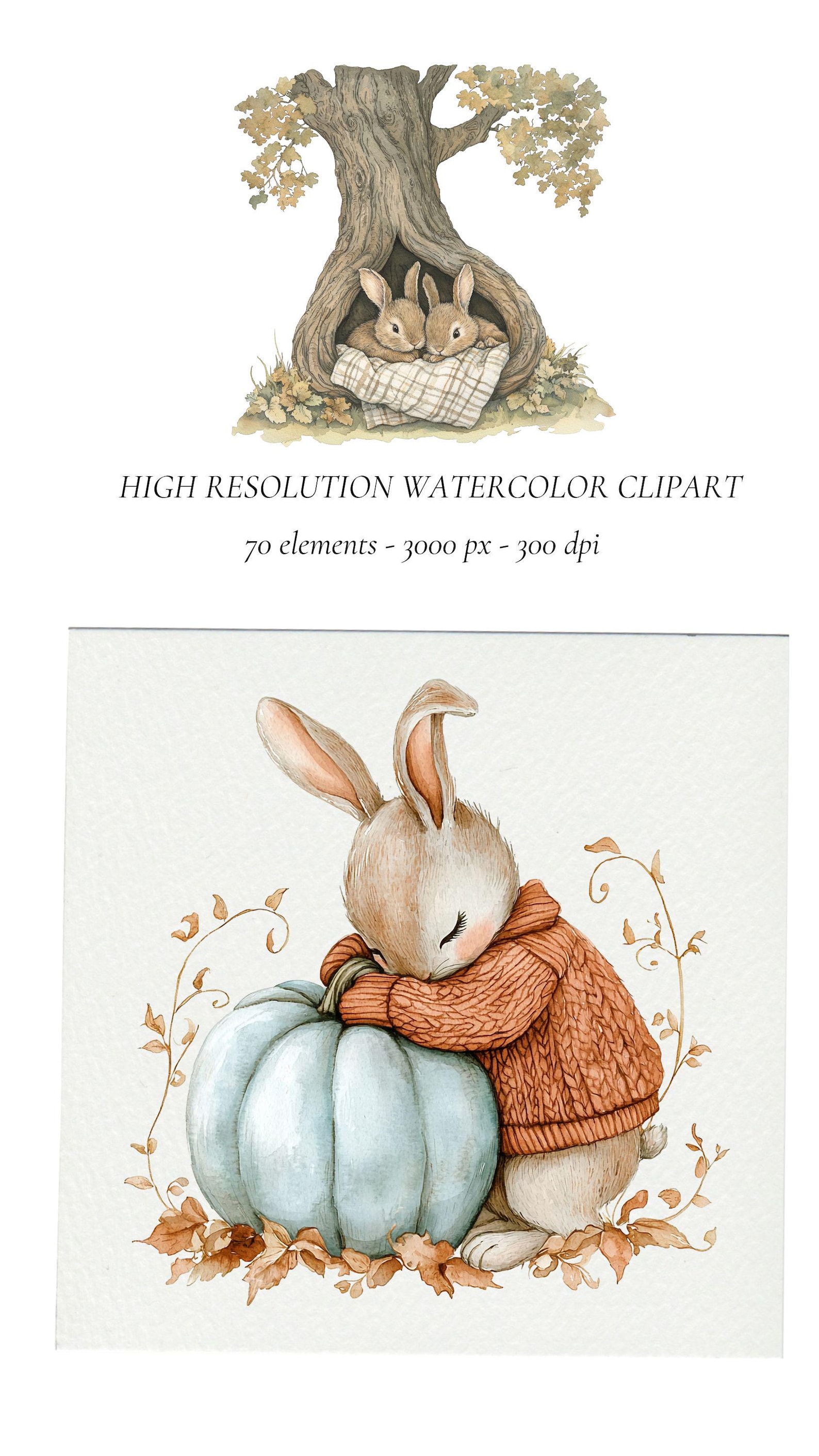 Autumn Bunny Clipart, Watercolor Cute Autumn Fall Rabbit PNG ...