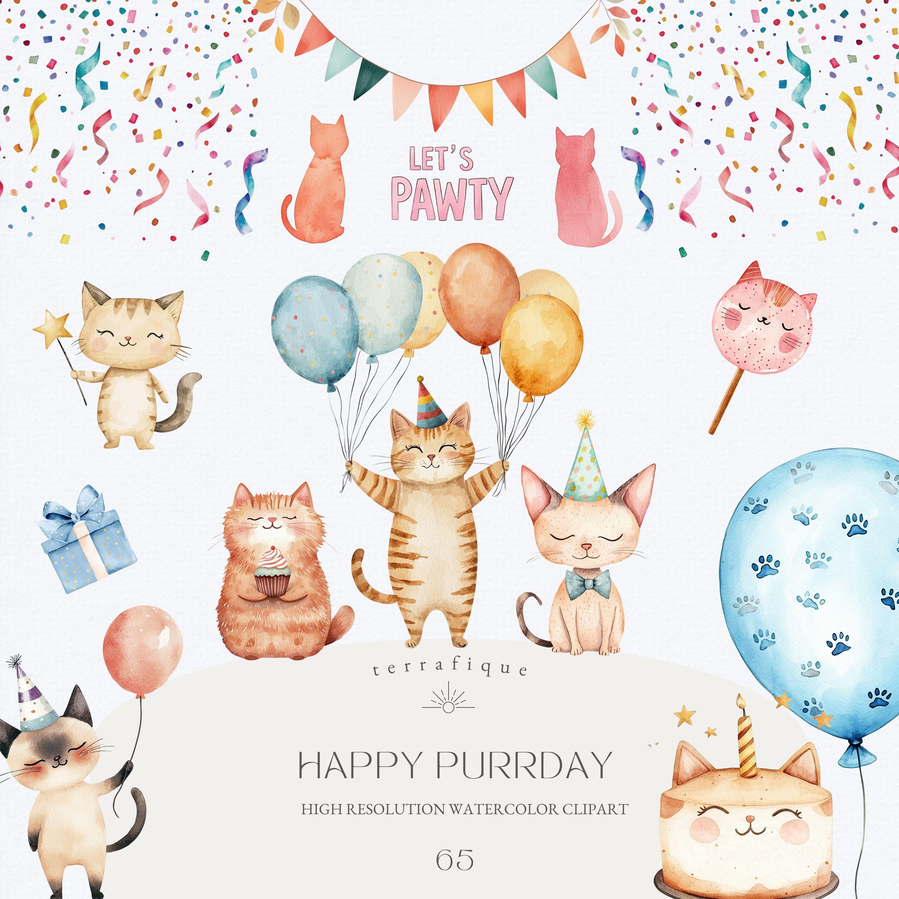 Watercolor Cats Birthday Clipart: Pastel Kittens Party (PNG) - Etsy