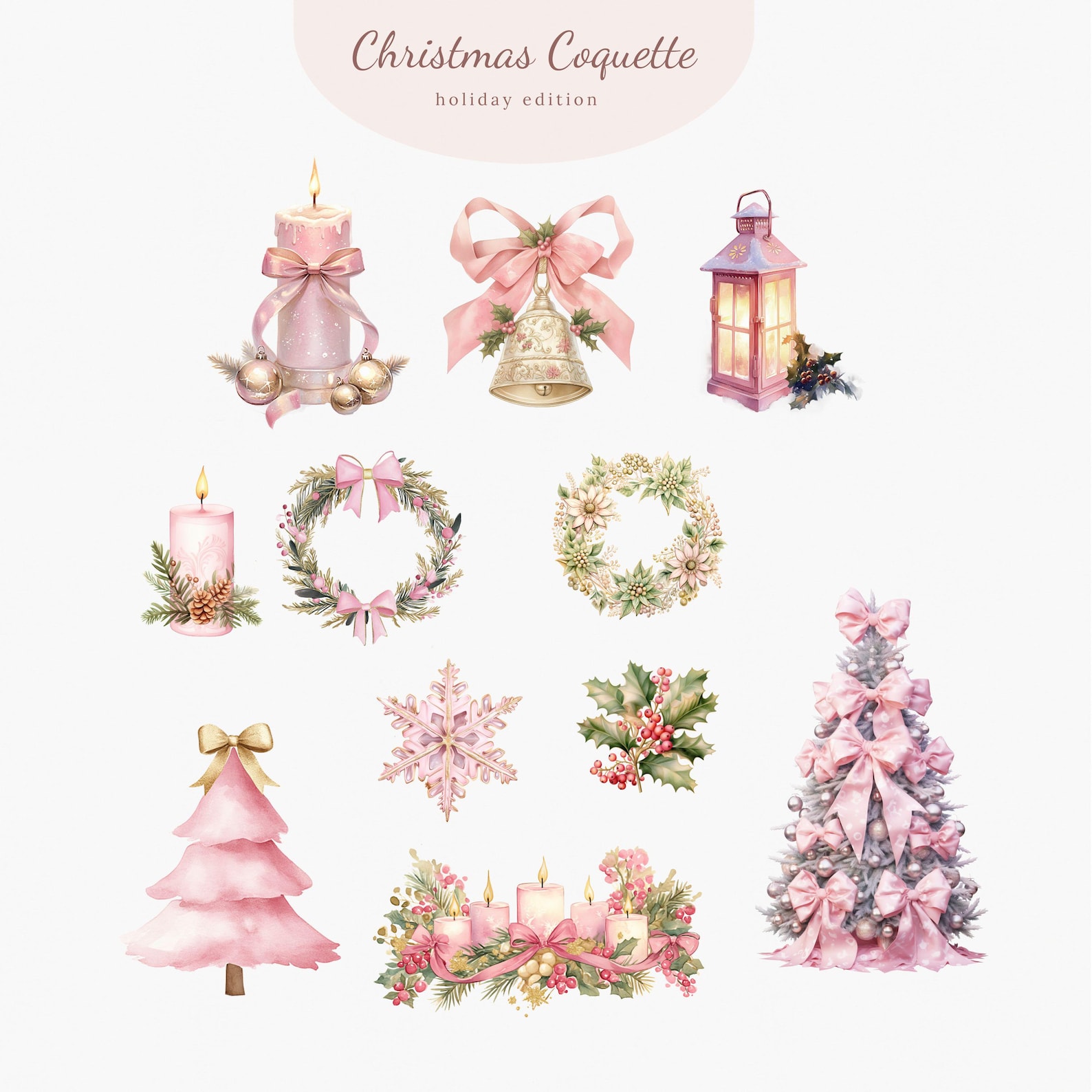 Pink Christmas Clipart Bundle: Coquette Watercolor Bows (PNG ...