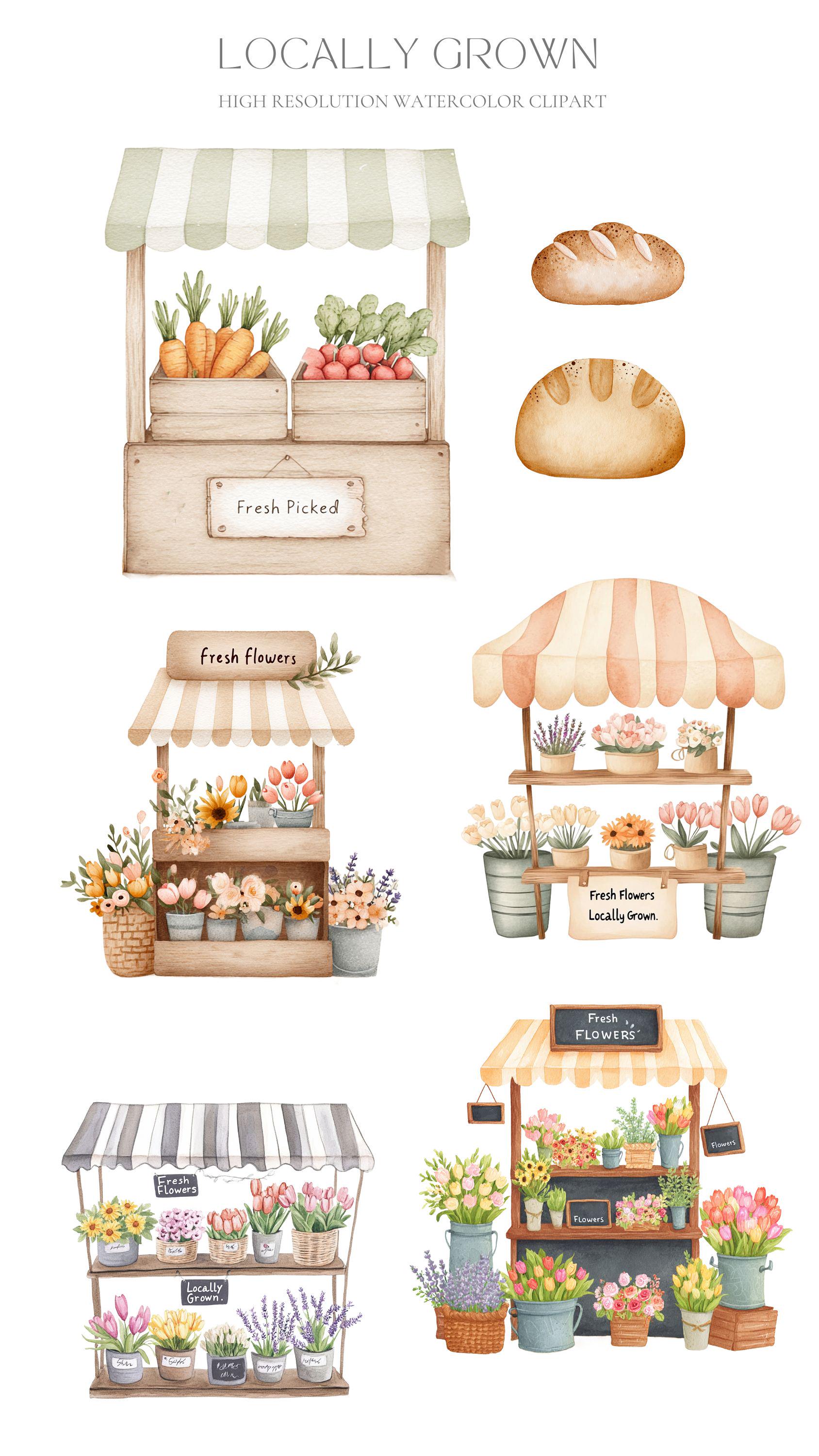 Farmers Market Clipart Bundle, Watercolor Fruit & Vegetable Stands ...