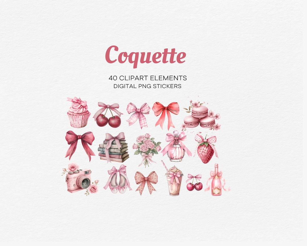 Clipart de Coquette: Lazos rosas, cerezas y fresas (Descarga digital ...