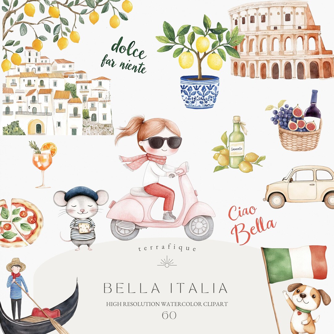 Italy Clipart: Watercolor Italian Summer Travel Set (digital Download ...