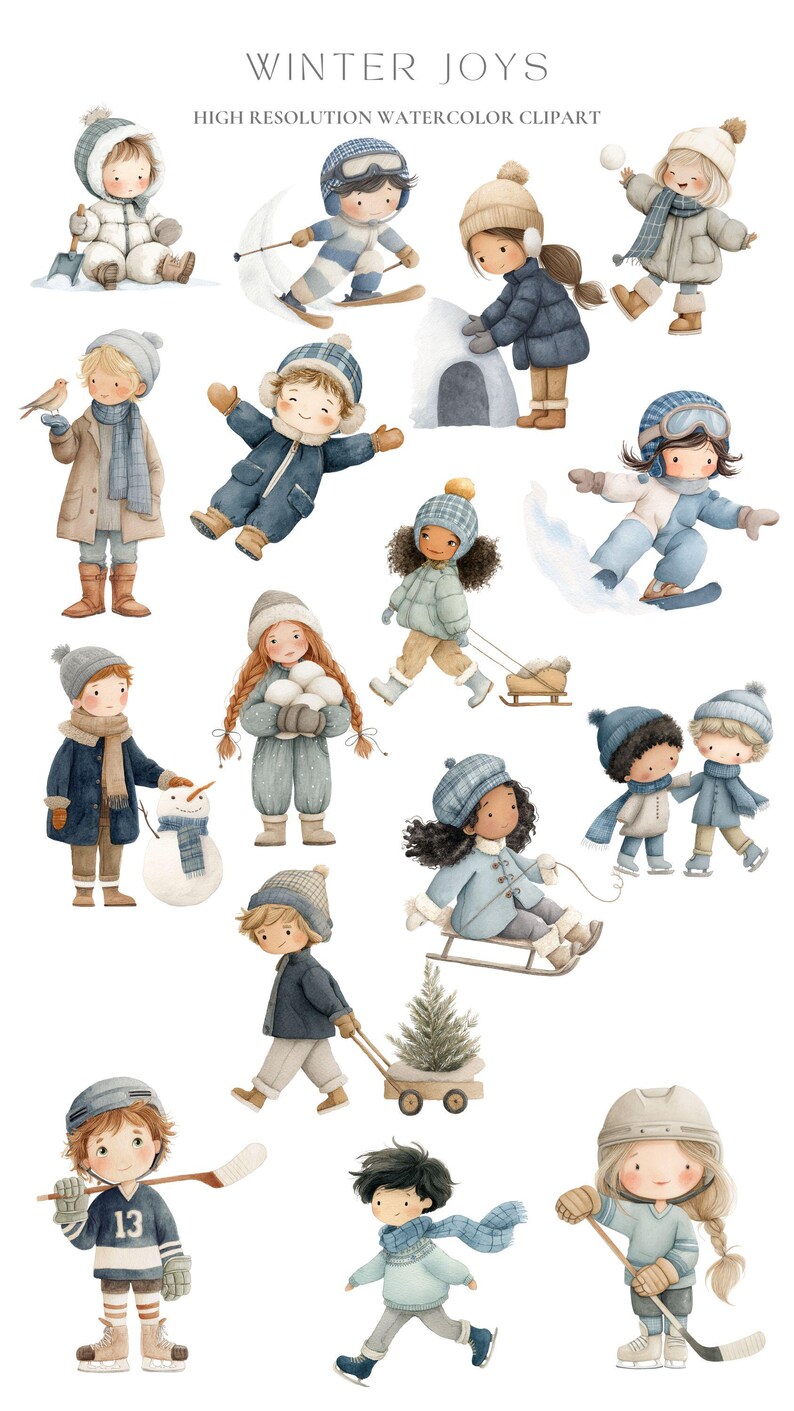 Winter Sports Clipart: Watercolor Kids & Animals (digital Download) - Etsy