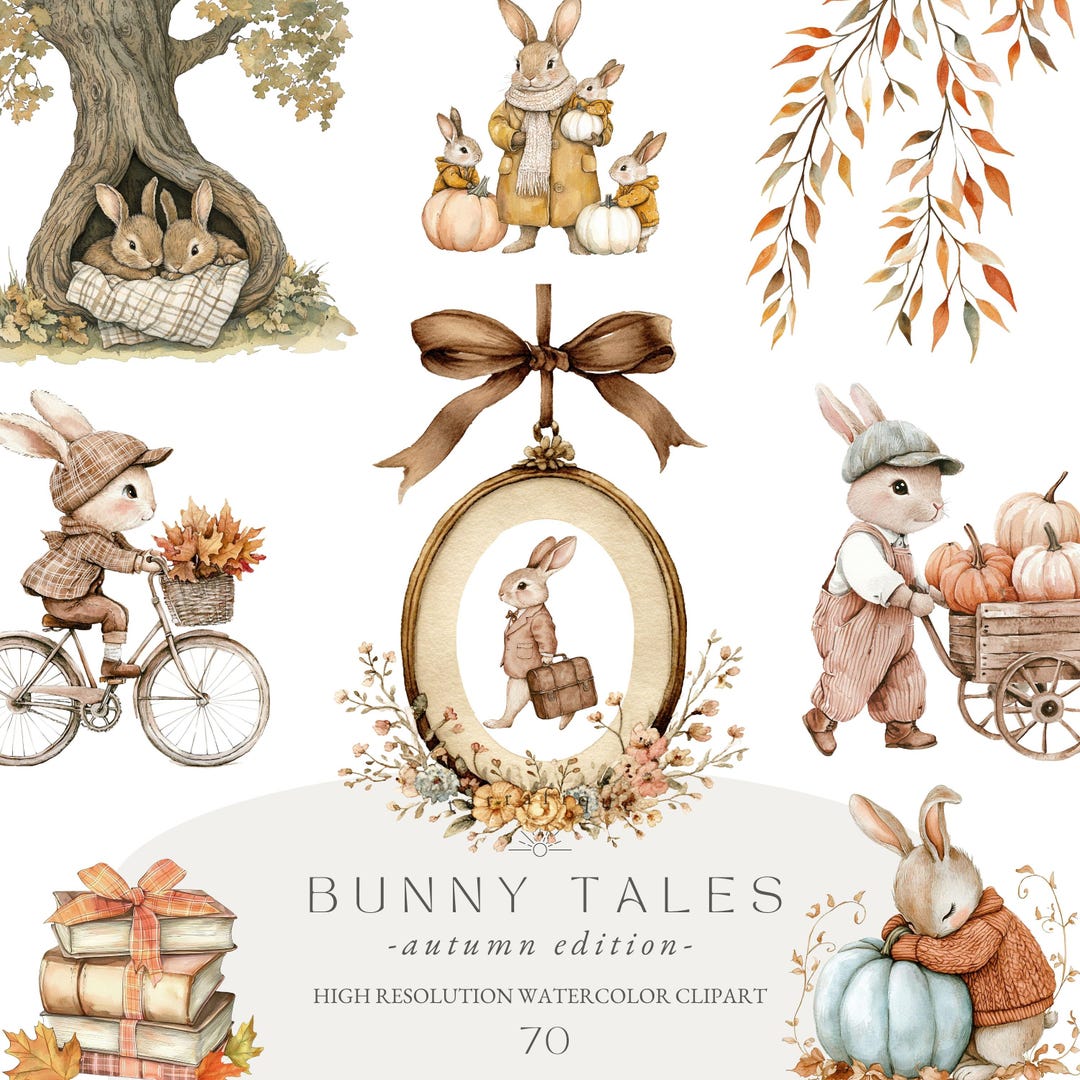 Watercolor Bunny Clipart: Autumn Rabbits, Pumpkins, Frames (PNG ...