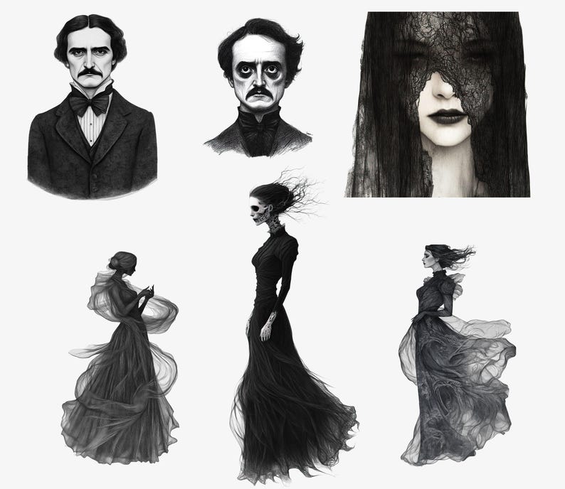 Edgar Allan Poe Clipart: Gothic Halloween Victorian Designs (PNG, JPG ...