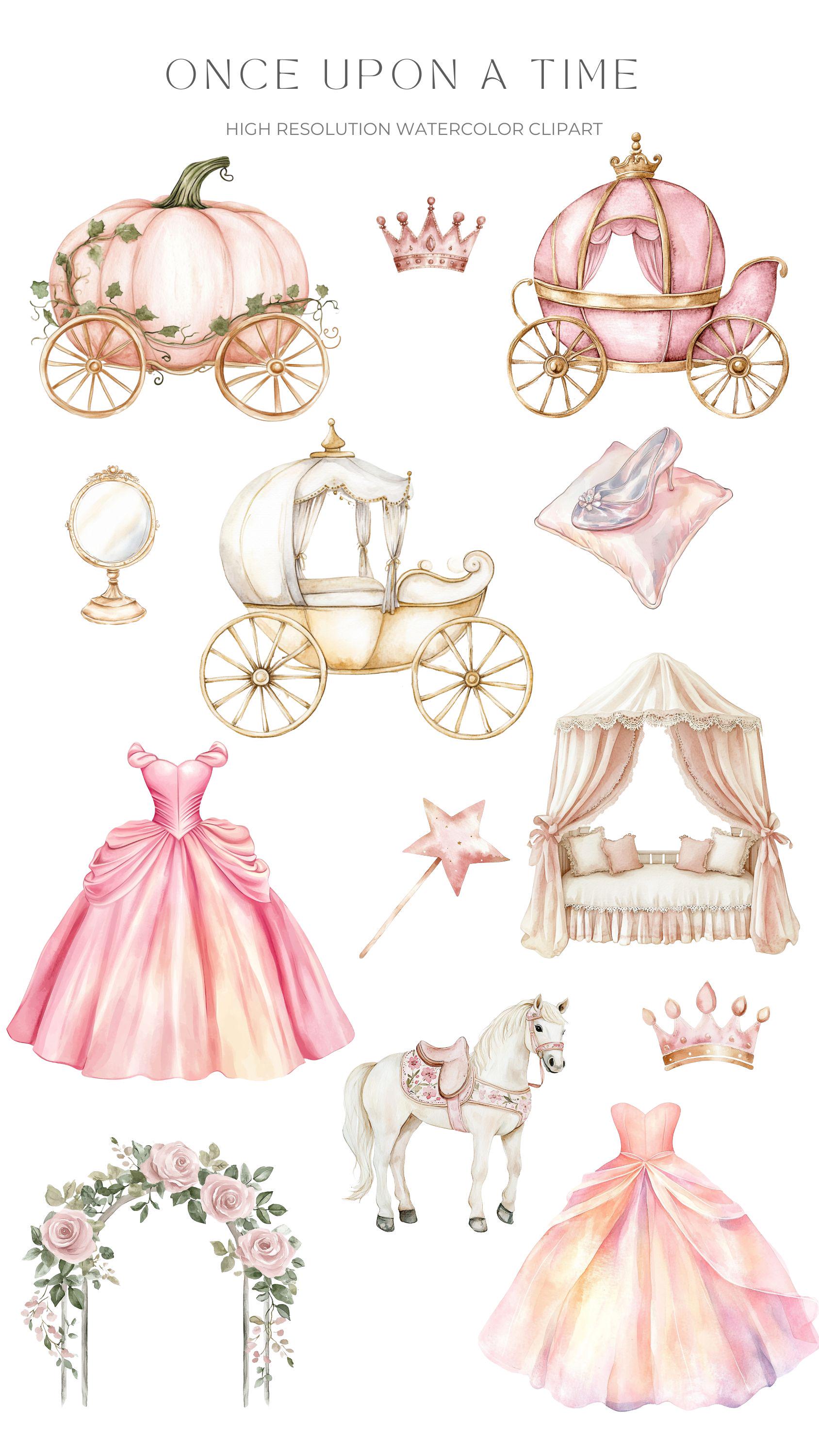 Fairytale Watercolor Clipart: Princess, Dragon, Castle (PNG Digital ...