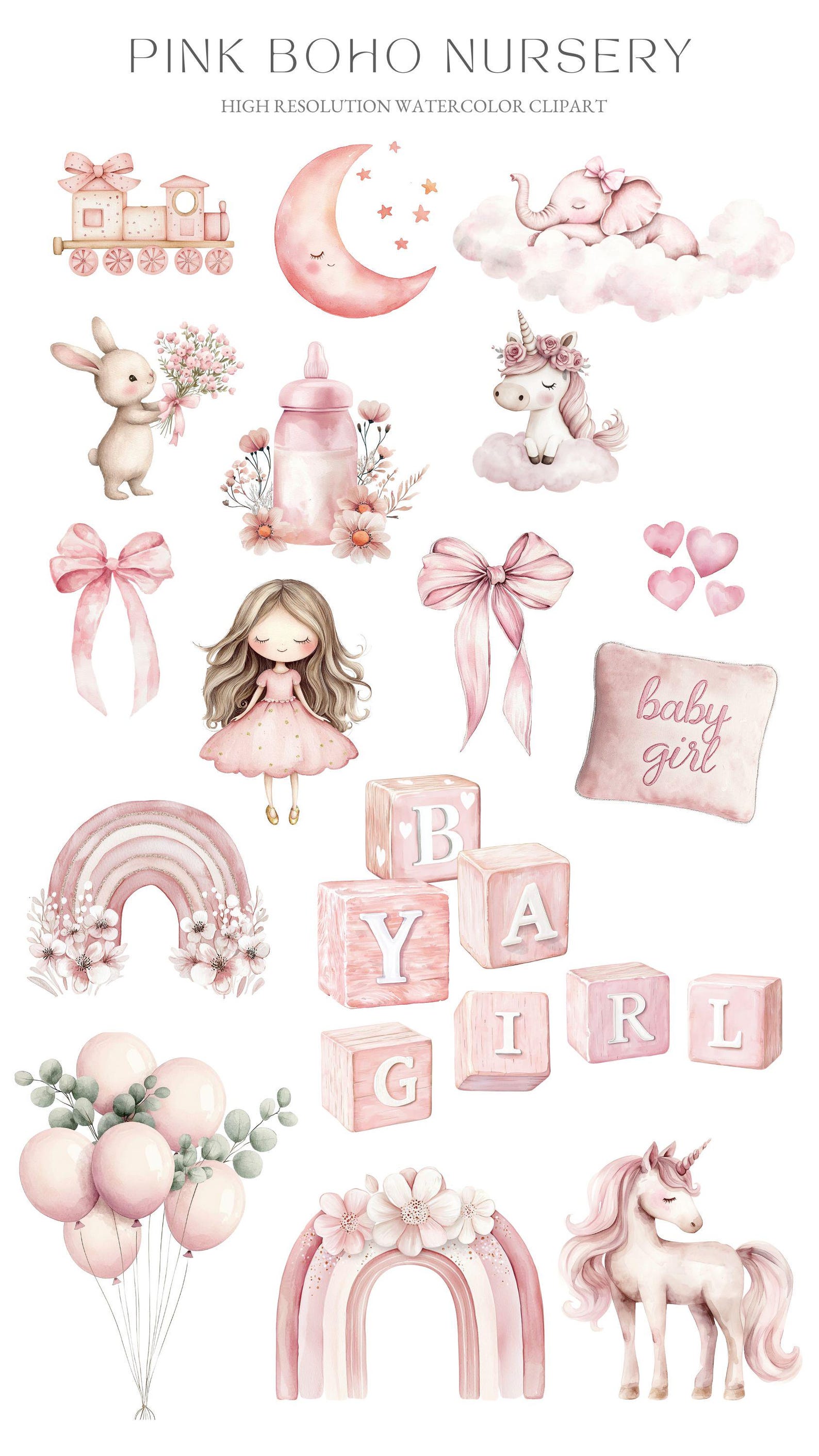 Pink Boho Nursery Clipart: Watercolor Baby Girl Animals (digital ...