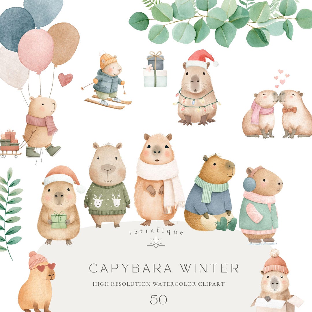 Watercolor Winter Capybara Clipart: Holiday Graphics (PNG, Commercial ...
