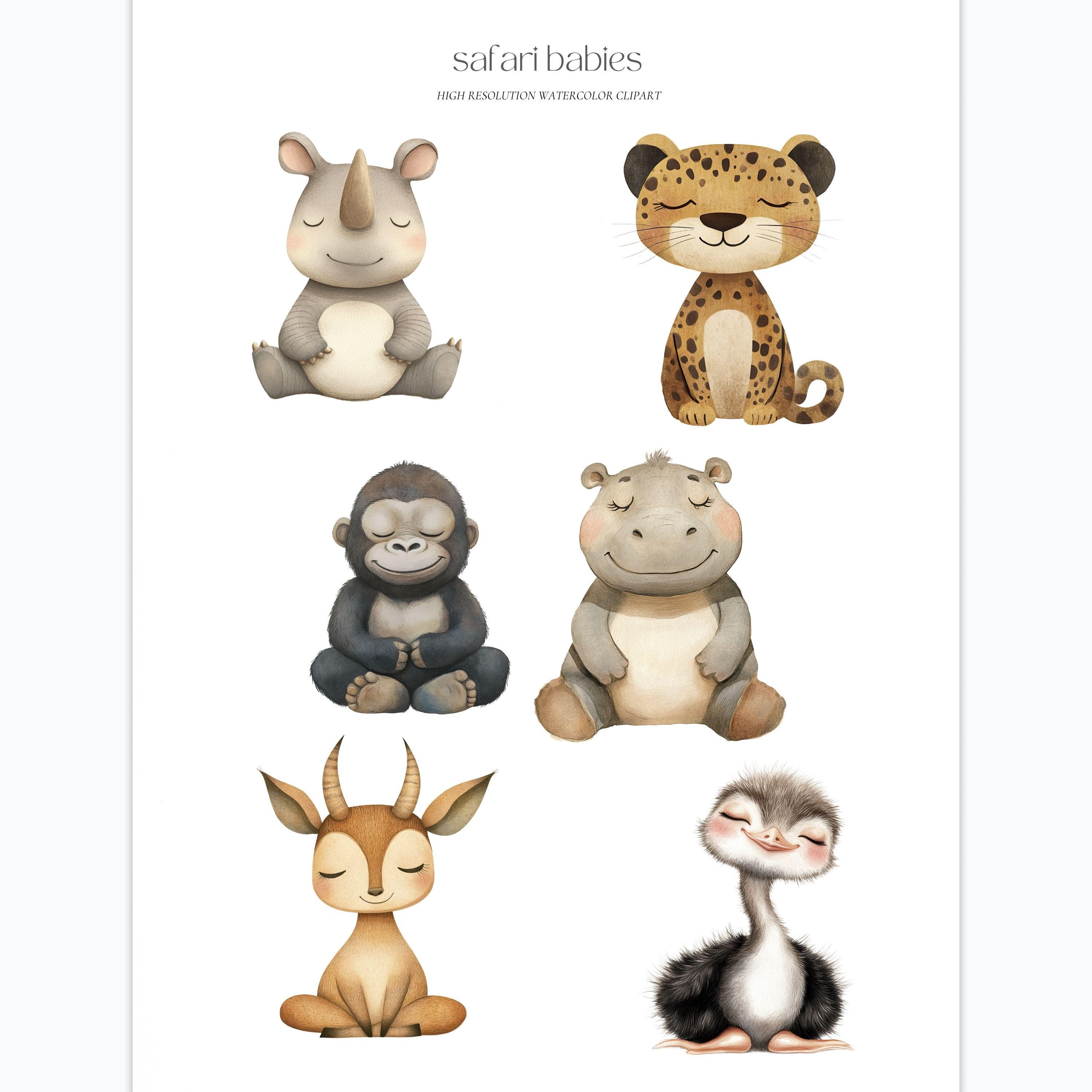 Safari Animals Clipart: Watercolor Baby Jungle Animals (PNG, Commercial ...