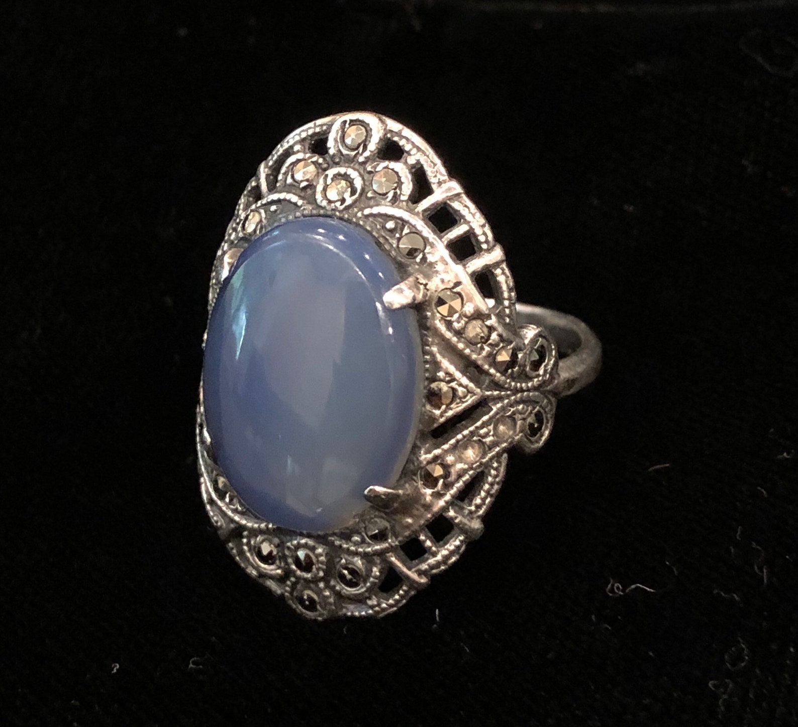 Art Deco Sterling Silver Ring Size 6.5 Blue Chalcedony Glass Marcasite ...