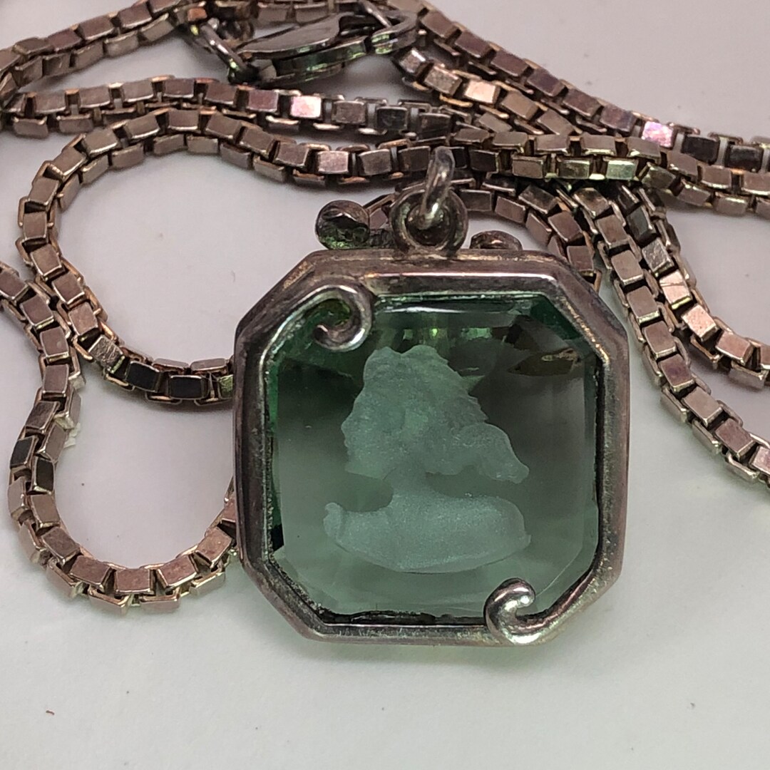 Extasia Cameo Necklace Intaglio Green Tourmaline Glass 16 925 Sterling ...