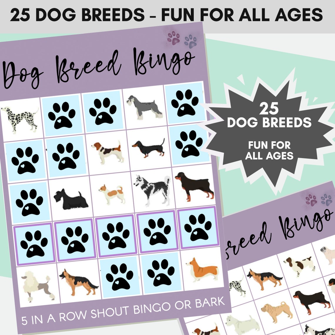 Dog Breed Bingo, Printable Bingo Cards for Kids, Dog Birthday Party ...
