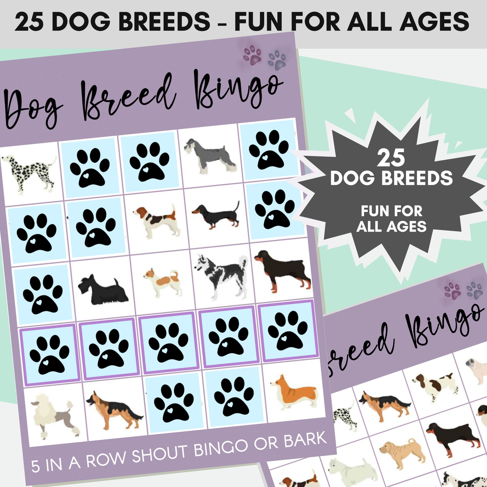 Dog Breed Bingo, Printable Bingo Cards for Kids, Dog Birthday Party ...