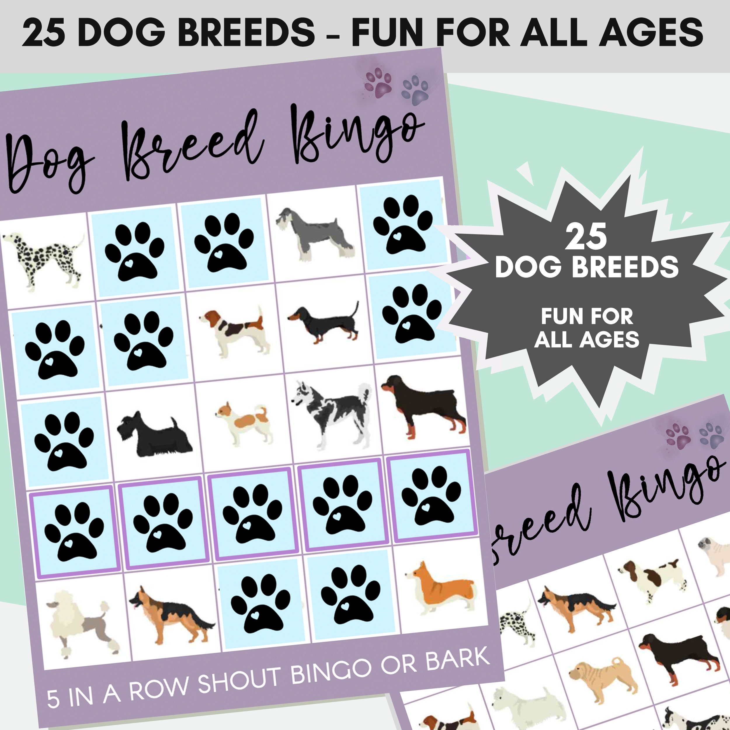 Dog Breed Bingo, Printable Bingo Cards for Kids, Dog Birthday Party ...