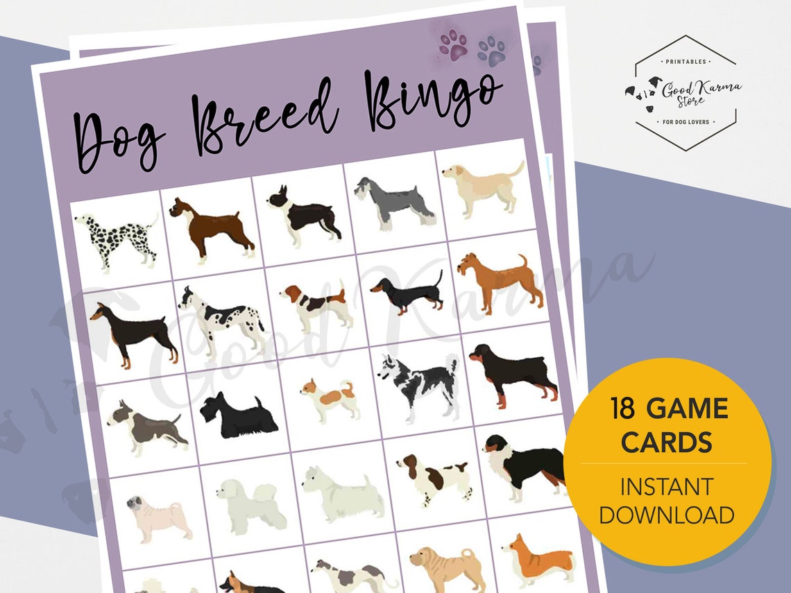 Dog Breed Bingo, Printable Bingo Cards for Kids, Dog Birthday Party ...