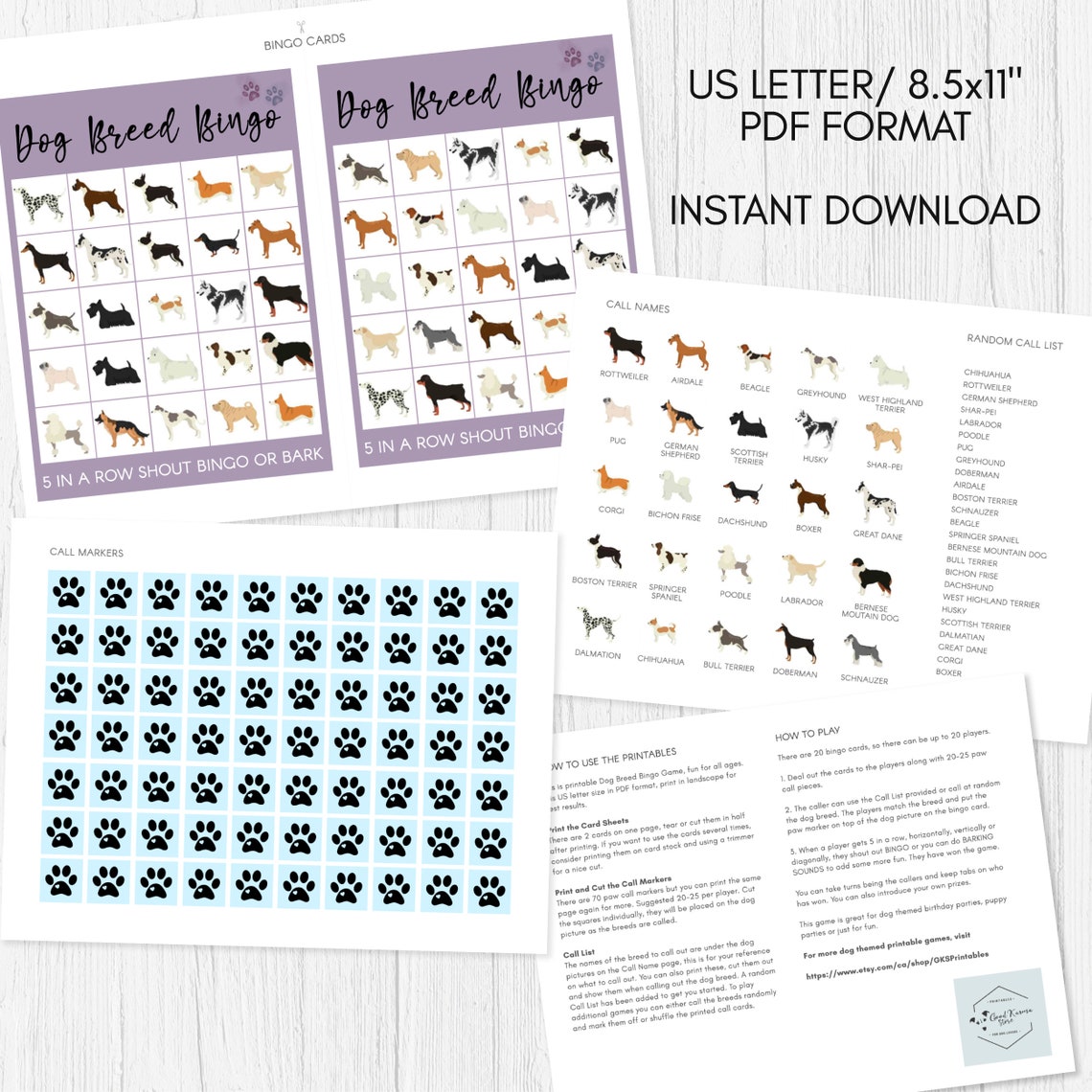 Dog Breed Bingo, Printable Bingo Cards for Kids, Dog Birthday Party ...