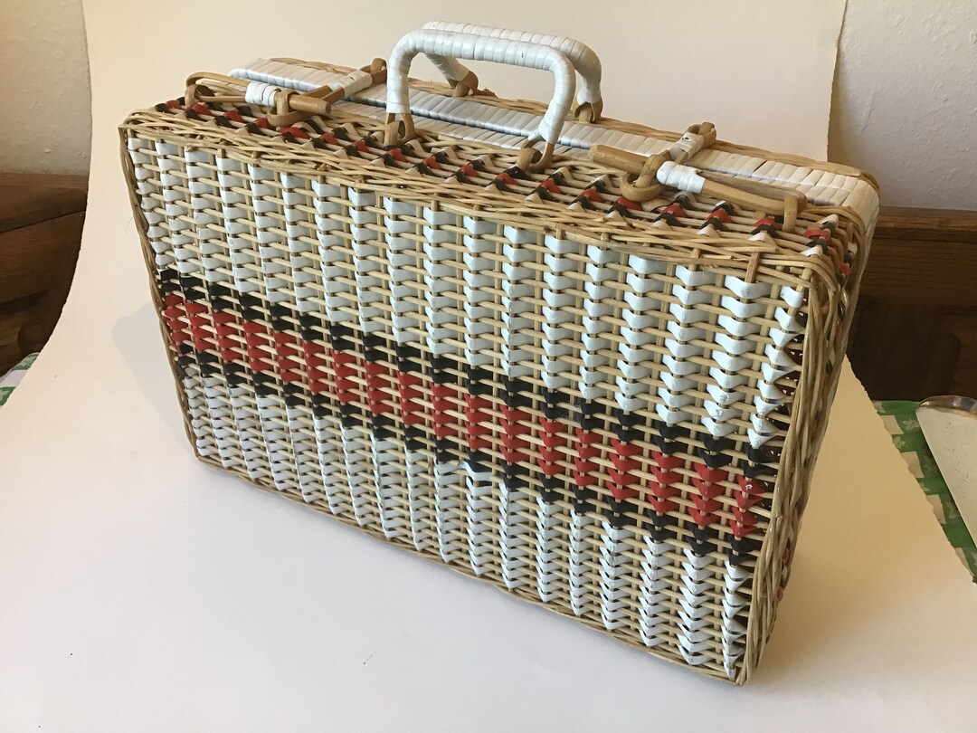 Vintage 1970’s Wicker and Vinyl Rattan Picnic Basket Briefcase Suitcase ...
