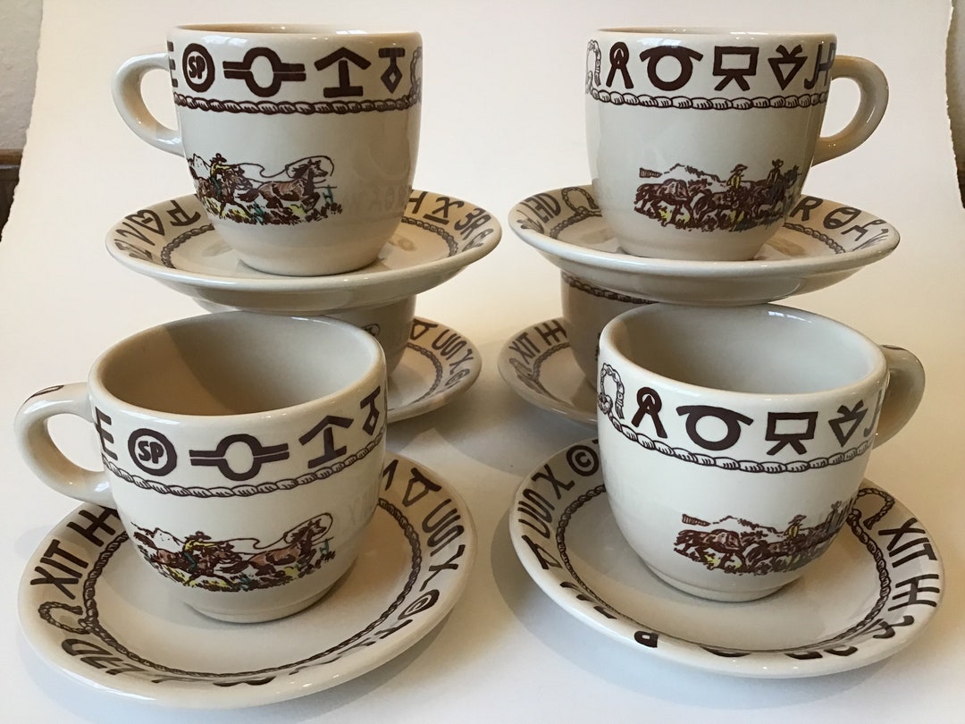 Six Cups and Saucers Westward Ho Rodeo Pattern Western Cowboy ...