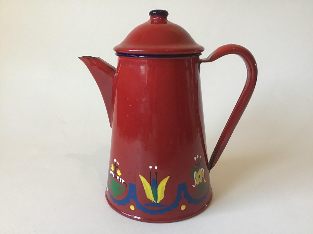 Vintage Red Enamel Painted Coffee Pot - Etsy