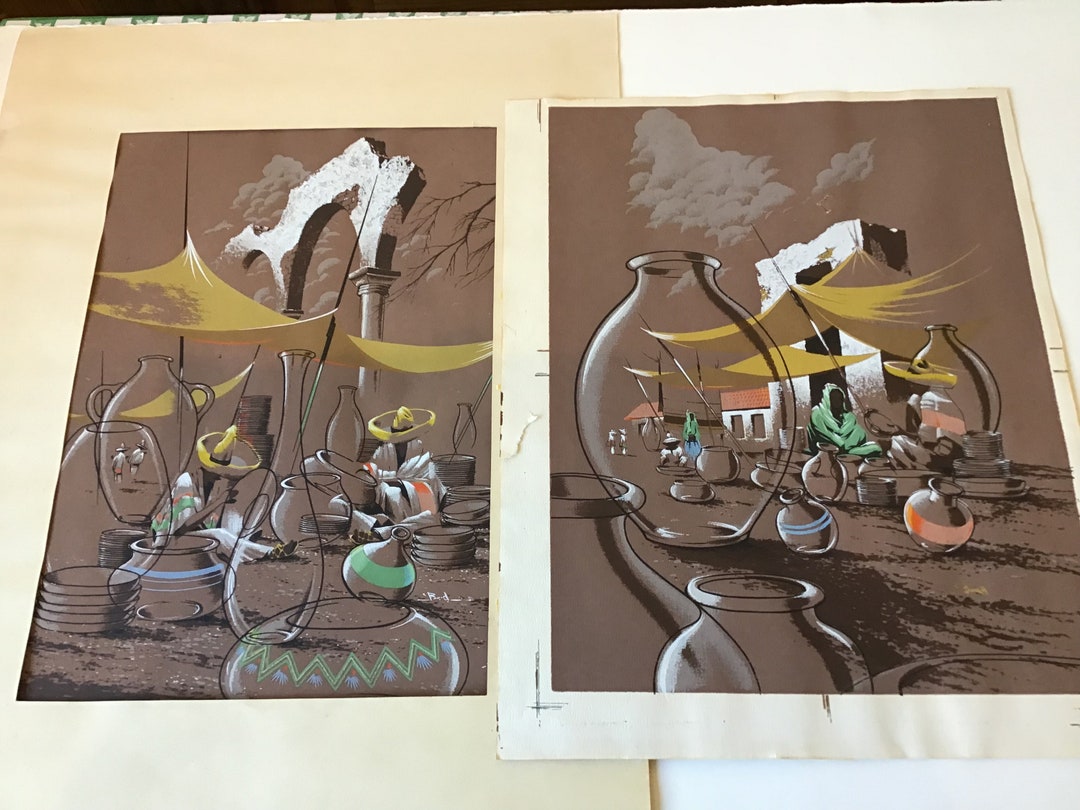 Two Mid Century Modern James Bunnell Mexican Pottery Serigraph Art - Etsy