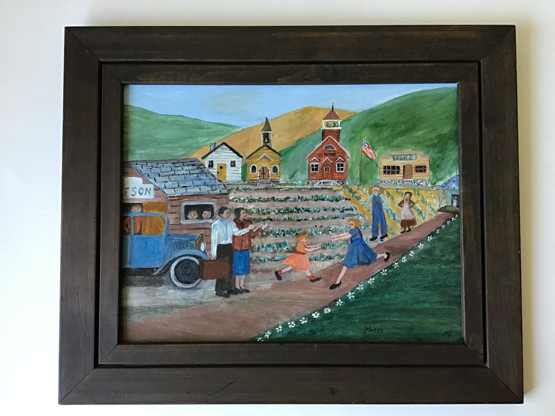 Vintage Primitive Folk Art Painting Signed Farm School House Family - Etsy