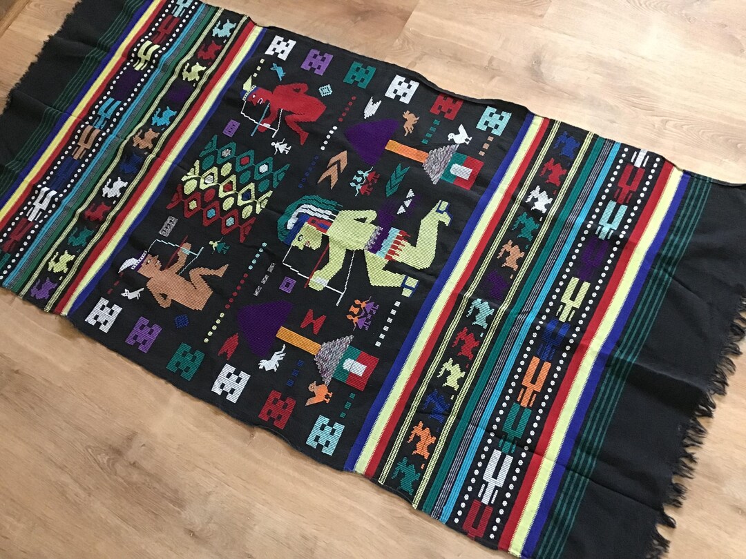 Vintage Guatemalan Cotton Mayan Modern Folk Art Hand Embroidered Wall ...