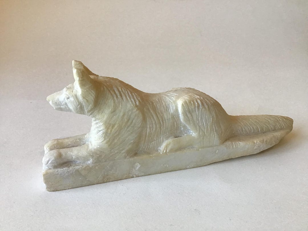 Vintage Hand Carved White Stone Reclining Dog Wolf Sculpture Figurine ...