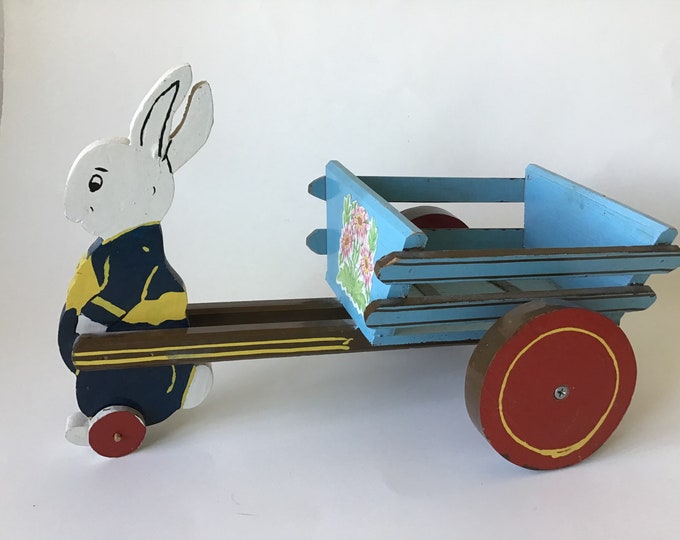 Vintage Wooden Easter Bunny Pulling Cart Wagon Toy Display Folk Art ...