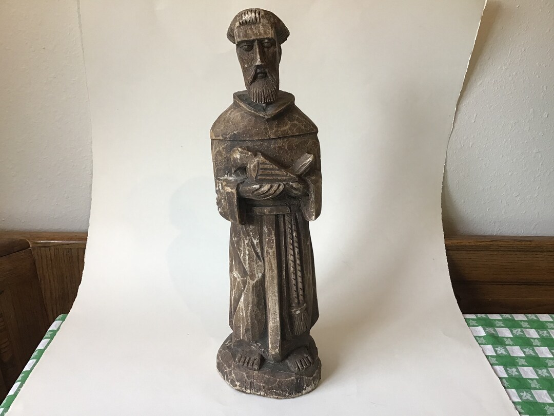 Vintage Carved Wood St. Francis Holding Bird Large Religious Relic ...