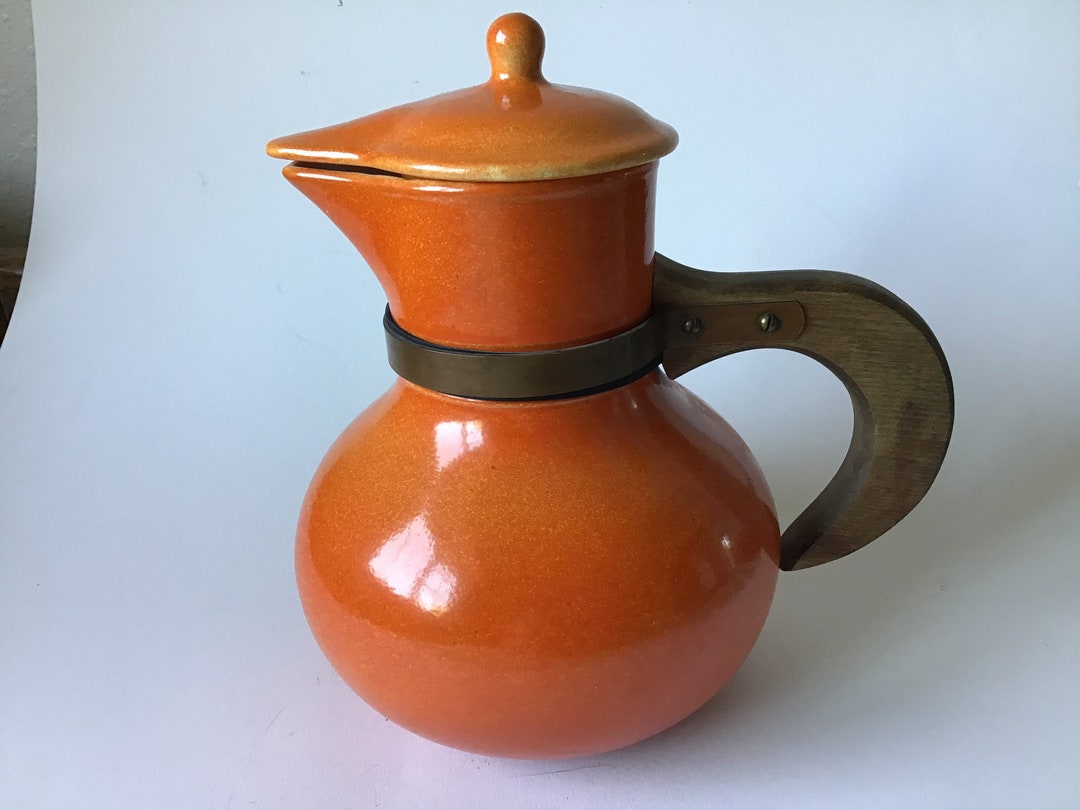 Vintage Red Wing Gypsy Trail Orange Batter Pitcher With Lid Wooden ...