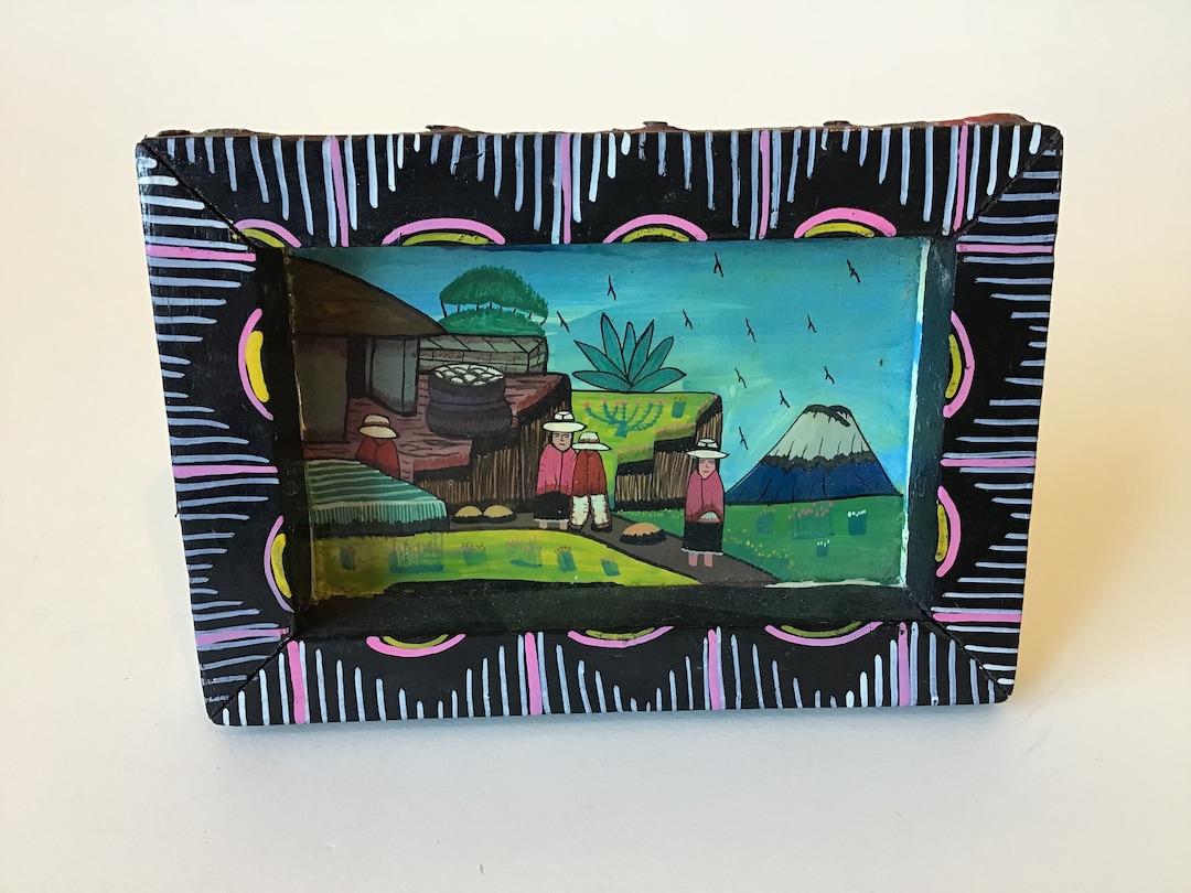 Vintage Small Miniature Peruvian Painting on Animal Skin Hide Folk Art ...