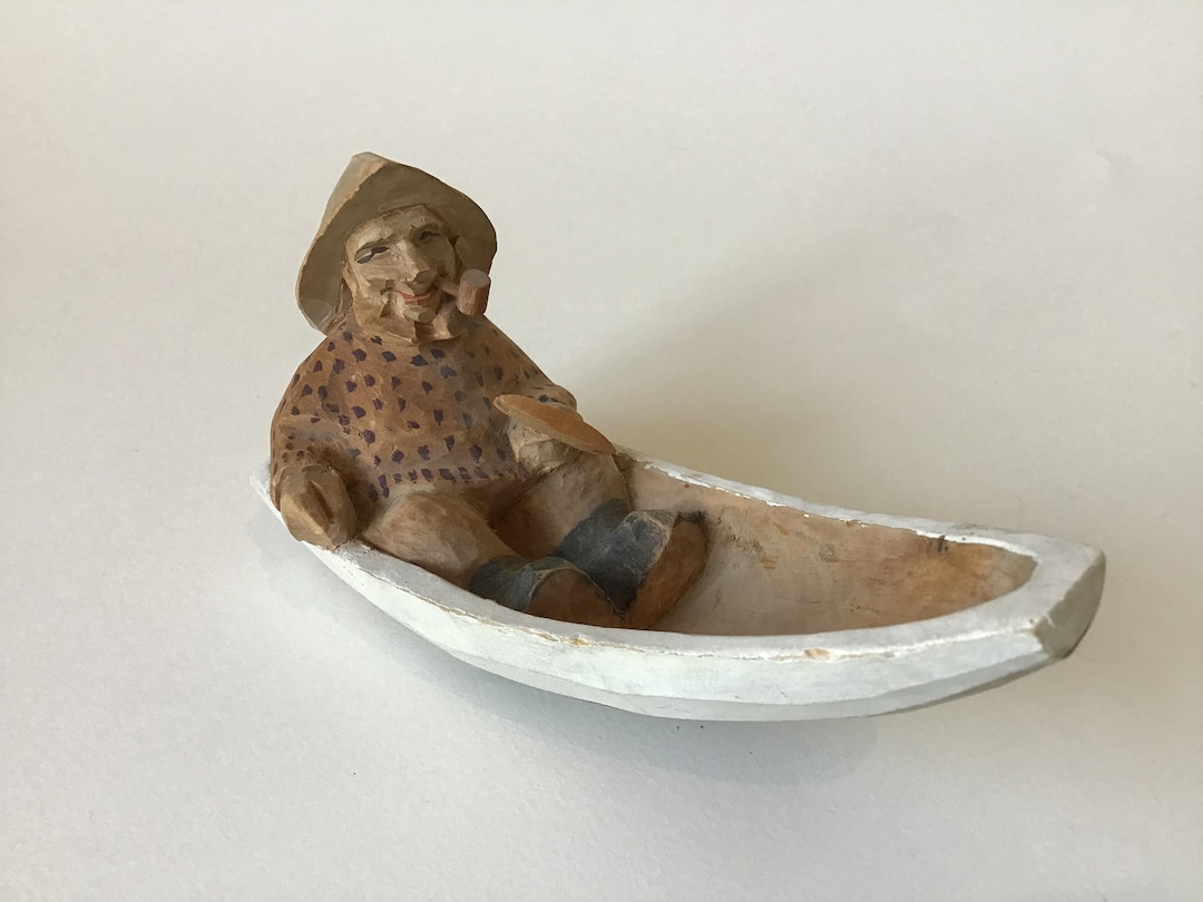Vintage Hand Carved Wooden Fisherman in Boat Folk Art - Etsy
